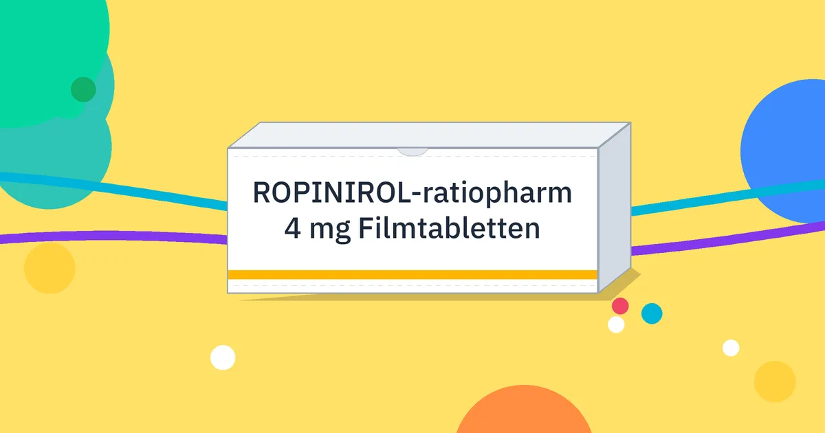Symbolbild: Packung mit der Aufschrift ROPINIROL-ratiopharm 4 mg Filmtabletten (PZN 03474810) – Verfügbarkeit und Bezug in Apotheken in Frankfurt am Main