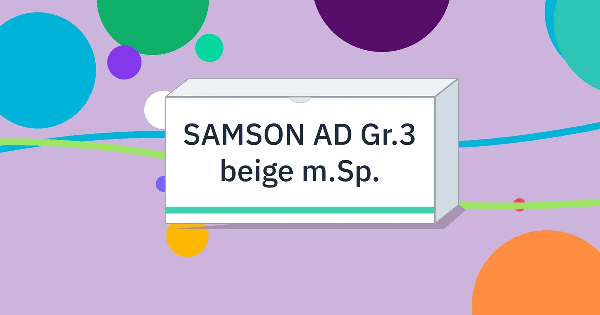 Symbolbild: Packung mit der Aufschrift SAMSON AD Gr.3 beige m.Sp. (PZN 14248761) – Verfügbarkeit und Bezug in Apotheken in Frankfurt am Main