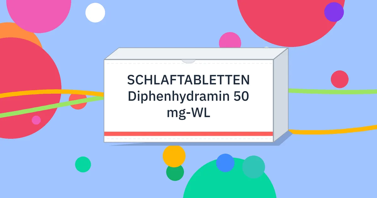 Symbolbild: Packung mit der Aufschrift SCHLAFTABLETTEN Diphenhydramin 50 mg-WL (PZN 13816499) – Verfügbarkeit und Bezug in Apotheken in Frankfurt am Main