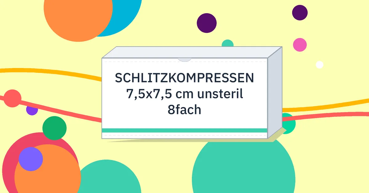 Symbolbild: Packung mit der Aufschrift SCHLITZKOMPRESSEN 7,5x7,5 cm unsteril 8fach (PZN 00647977) – Verfügbarkeit und Bezug in Apotheken in Frankfurt am Main