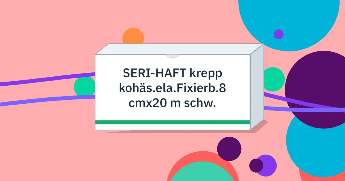 Symbolbild: Packung mit der Aufschrift SERI-HAFT krepp kohäs.ela.Fixierb.8 cmx20 m schw. (PZN 20943436) – Verfügbarkeit und Bezug in Apotheken in Frankfurt am Main
