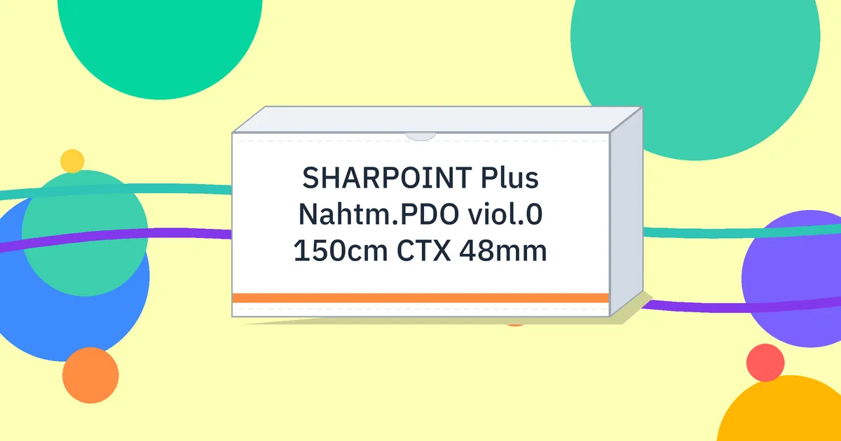 Symbolbild: Packung mit der Aufschrift SHARPOINT Plus Nahtm.PDO viol.0 150cm CTX 48mm (PZN 17994447) – Verfügbarkeit und Bezug in Apotheken in Frankfurt am Main