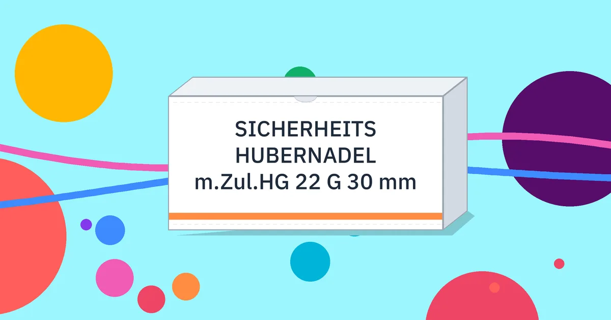 Symbolbild: Packung mit der Aufschrift SICHERHEITS HUBERNADEL m.Zul.HG 22 G 30 mm (PZN 12340468) – Verfügbarkeit und Bezug in Apotheken in Frankfurt am Main