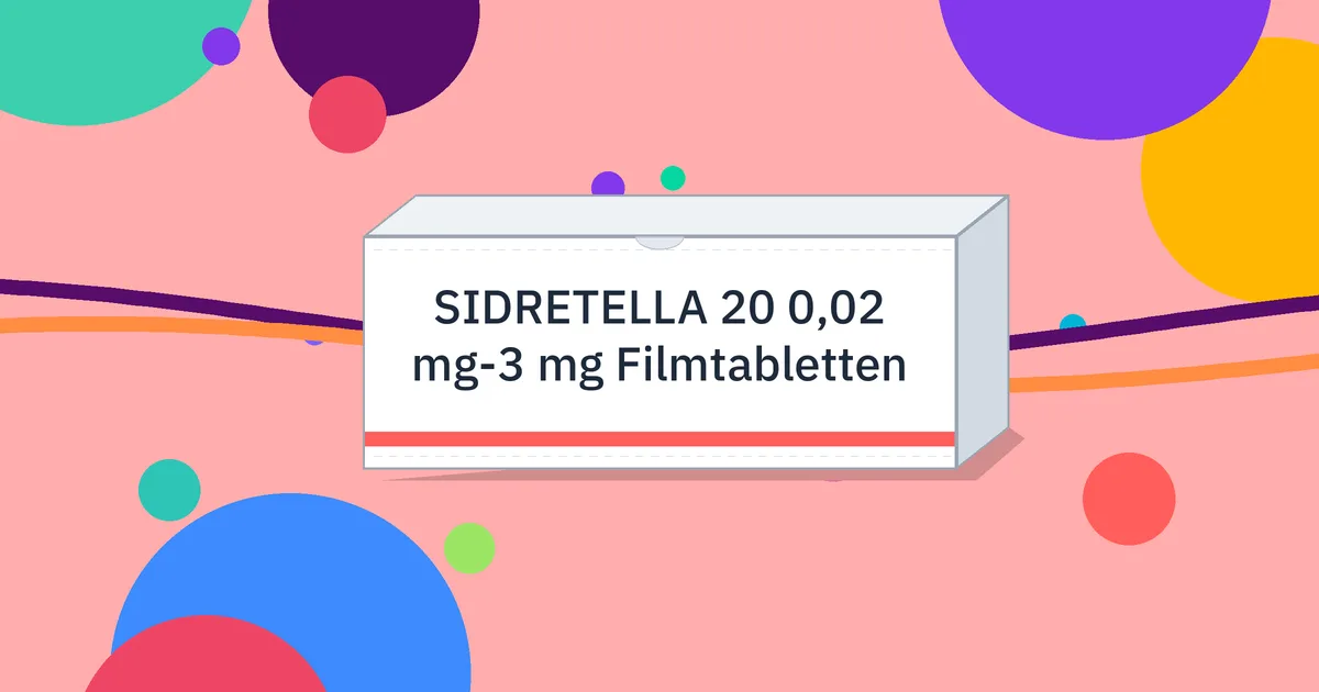 Symbolbild: Packung mit der Aufschrift SIDRETELLA 20 0,02 mg-3 mg Filmtabletten (PZN 00365641) – Verfügbarkeit und Bezug in Apotheken in Frankfurt am Main