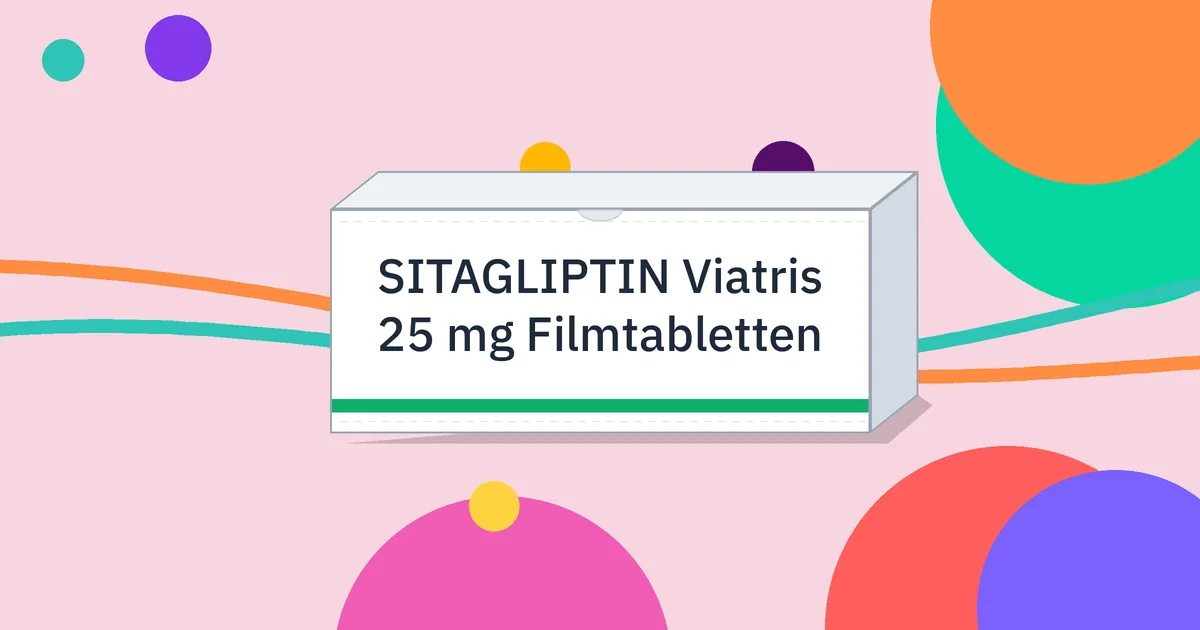 Symbolbild: Packung mit der Aufschrift SITAGLIPTIN Viatris 25 mg Filmtabletten (PZN 19953091) – Verfügbarkeit und Bezug in Apotheken in Frankfurt am Main