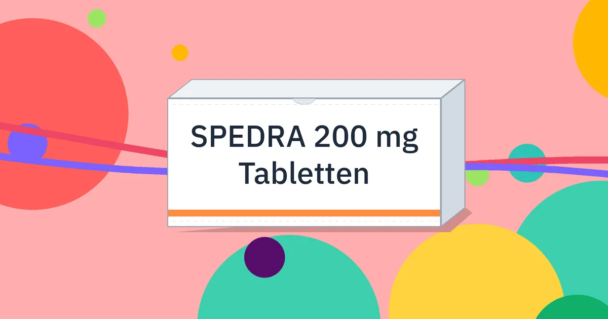 Symbolbild: Packung mit der Aufschrift SPEDRA 200 mg Tabletten (PZN 18029978) – Verfügbarkeit und Bezug in Apotheken in Frankfurt am Main