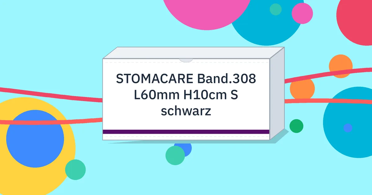Symbolbild: Packung mit der Aufschrift STOMACARE Band.308 L60mm H10cm S schwarz (PZN 10841290) – Verfügbarkeit und Bezug in Apotheken in Frankfurt am Main