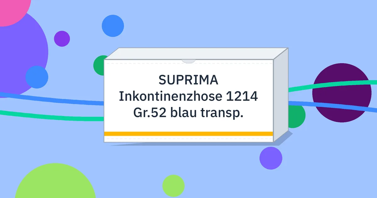 Symbolbild: Packung mit der Aufschrift SUPRIMA Inkontinenzhose 1214 Gr.52 blau transp. (PZN 02852753) – Verfügbarkeit und Bezug in Apotheken in Frankfurt am Main