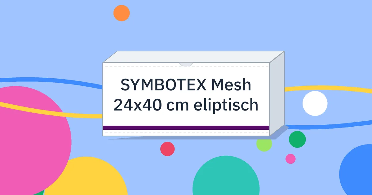 Symbolbild: Packung mit der Aufschrift SYMBOTEX Mesh 24x40 cm eliptisch (PZN 10631322) – Verfügbarkeit und Bezug in Apotheken in Frankfurt am Main