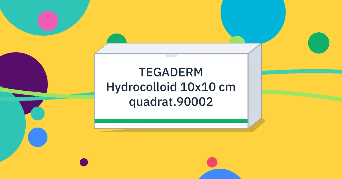 Symbolbild: Packung mit der Aufschrift TEGADERM Hydrocolloid 10x10 cm quadrat.90002 (PZN 11115195) – Verfügbarkeit und Bezug in Apotheken in Frankfurt am Main