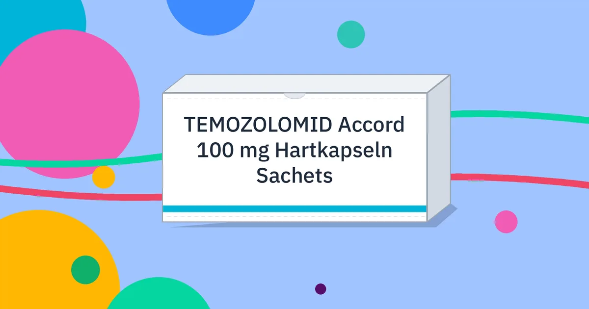 Symbolbild: Packung mit der Aufschrift TEMOZOLOMID Accord 100 mg Hartkapseln Sachets (PZN 20546681) – Verfügbarkeit und Bezug in Apotheken in Frankfurt am Main