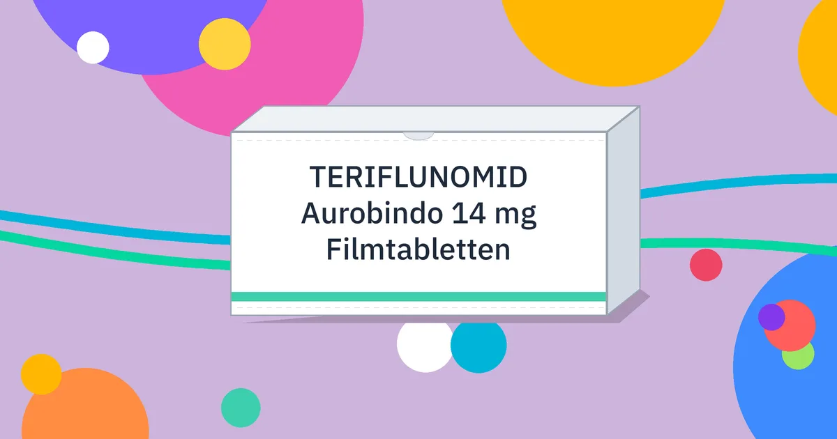 Symbolbild: Packung mit der Aufschrift TERIFLUNOMID Aurobindo 14 mg Filmtabletten (PZN 19557573) – Verfügbarkeit und Bezug in Apotheken in Frankfurt am Main