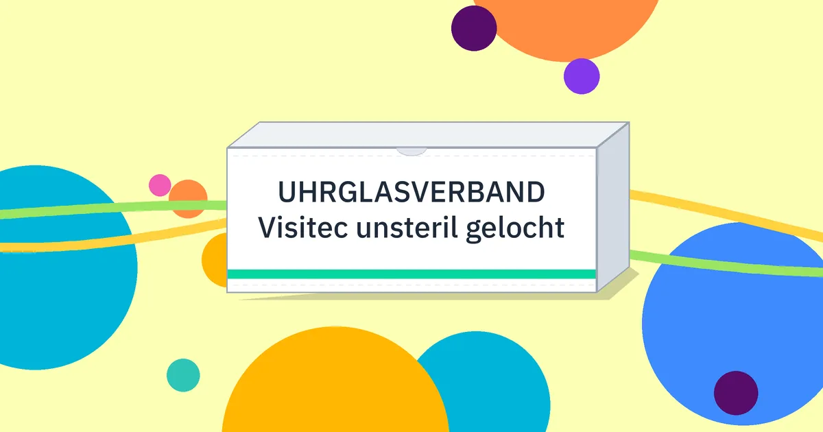 Symbolbild: Packung mit der Aufschrift UHRGLASVERBAND Visitec unsteril gelocht (PZN 11051880) – Verfügbarkeit und Bezug in Apotheken in Frankfurt am Main