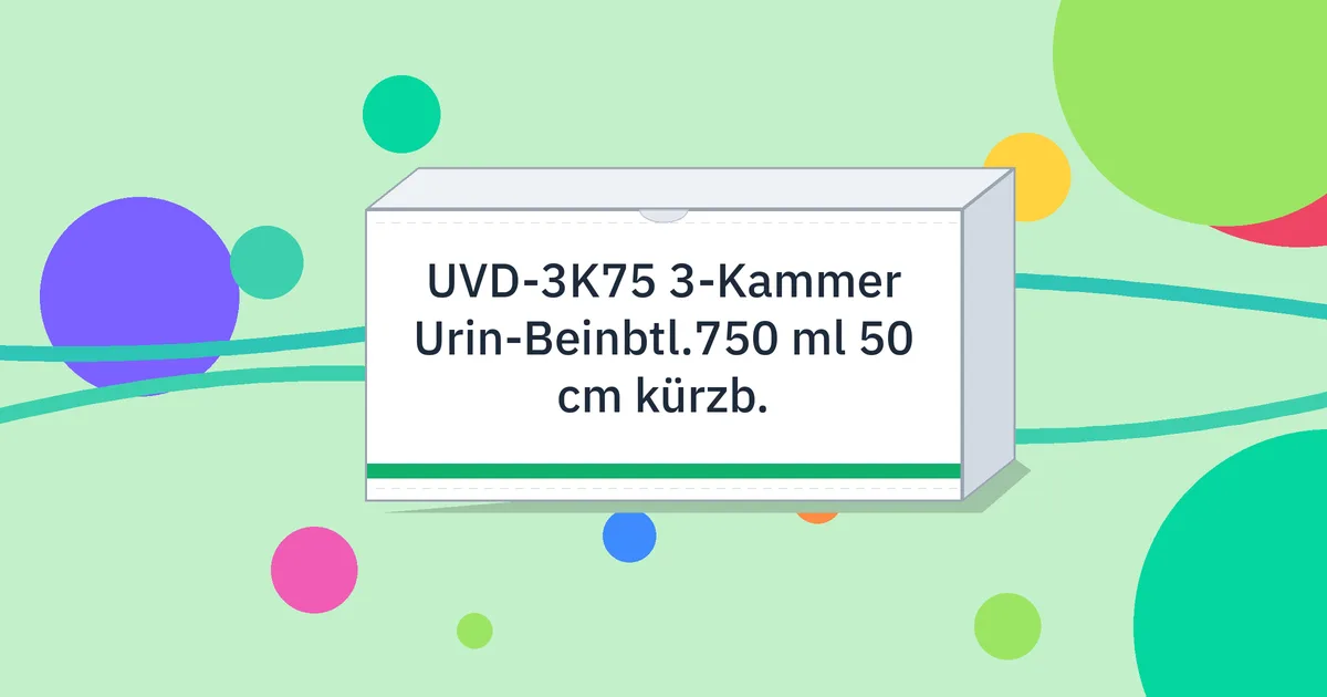 Symbolbild: Packung mit der Aufschrift UVD-3K75 3-Kammer Urin-Beinbtl.750 ml 50 cm kürzb. (PZN 14267190) – Verfügbarkeit und Bezug in Apotheken in Frankfurt am Main