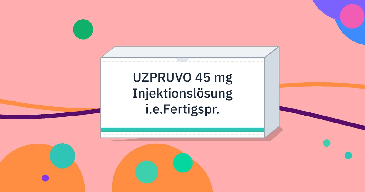 Symbolbild: Packung mit der Aufschrift UZPRUVO 45 mg Injektionslösung i.e.Fertigspr. (PZN 19518142) – Verfügbarkeit und Bezug in Apotheken in Frankfurt am Main