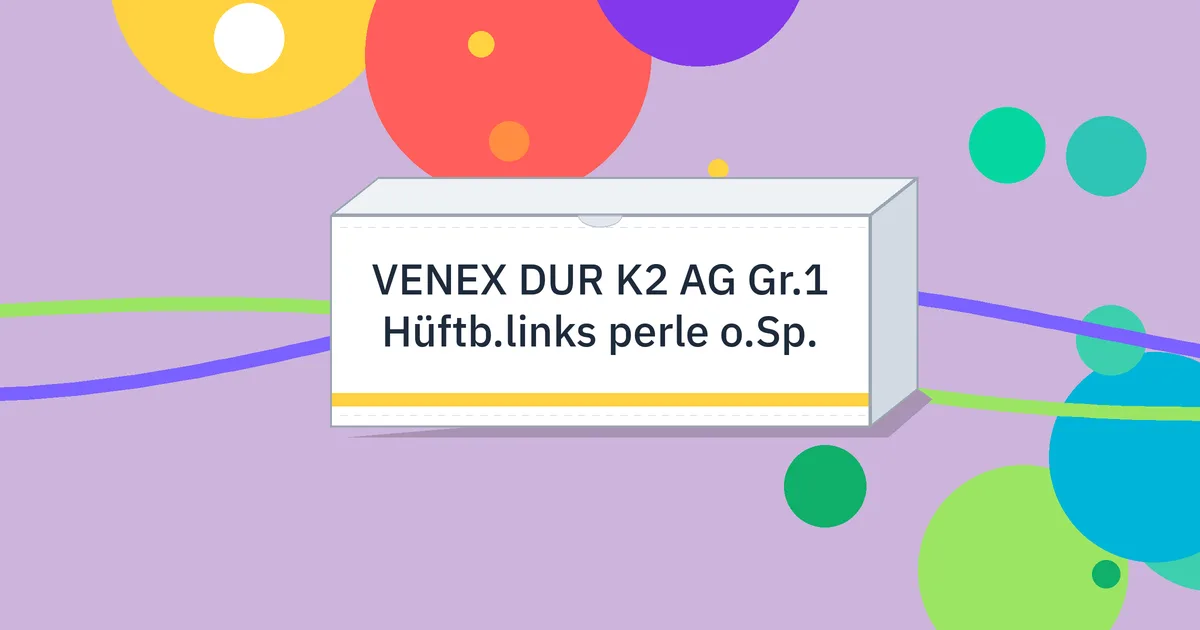 Symbolbild: Packung mit der Aufschrift VENEX DUR K2 AG Gr.1 Hüftb.links perle o.Sp. (PZN 03229631) – Verfügbarkeit und Bezug in Apotheken in Frankfurt am Main