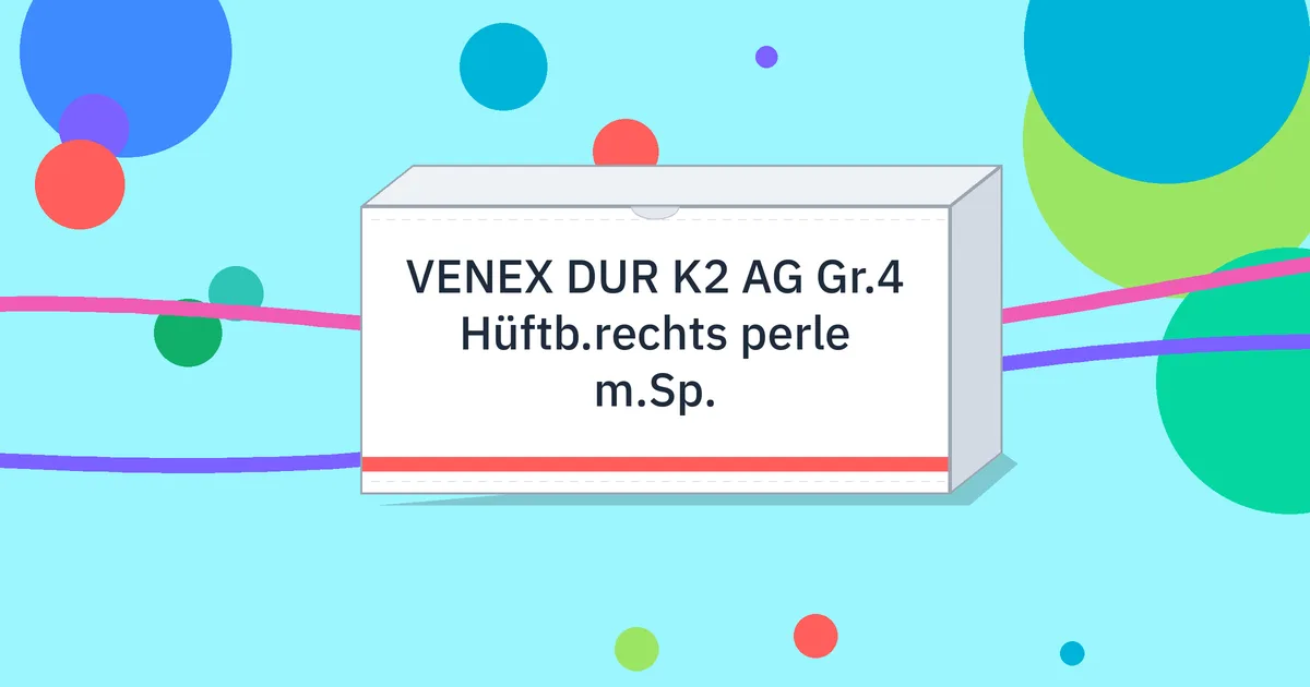 Symbolbild: Packung mit der Aufschrift VENEX DUR K2 AG Gr.4 Hüftb.rechts perle m.Sp. (PZN 03228436) – Verfügbarkeit und Bezug in Apotheken in Frankfurt am Main