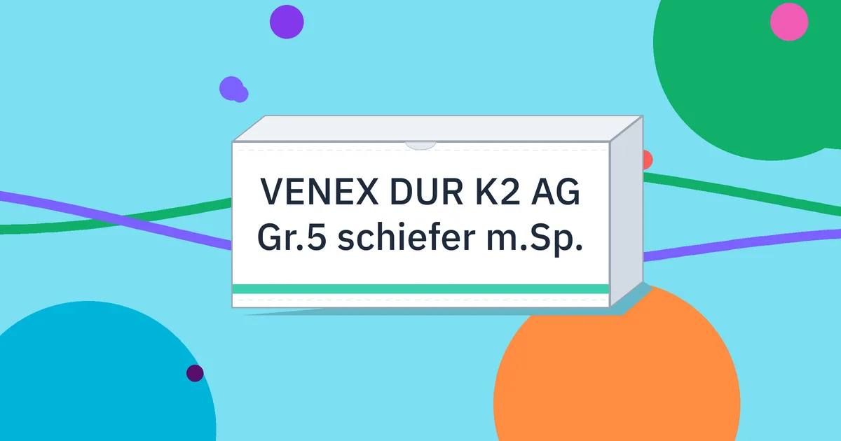 Symbolbild: Packung mit der Aufschrift VENEX DUR K2 AG Gr.5 schiefer m.Sp. (PZN 03213877) – Verfügbarkeit und Bezug in Apotheken in Frankfurt am Main