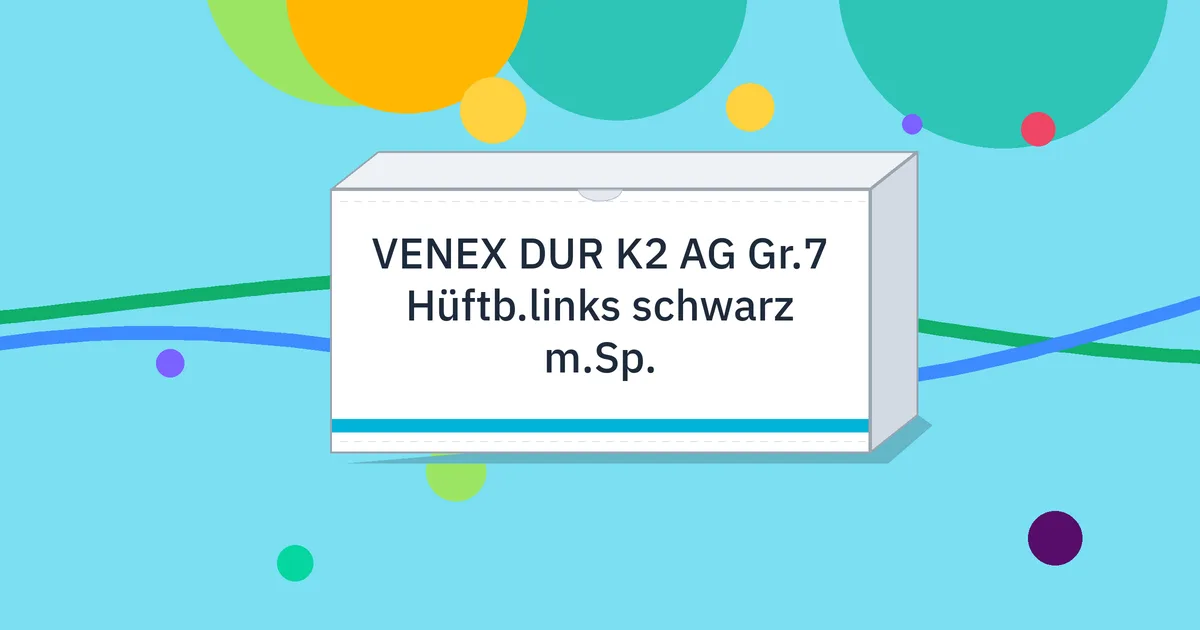Symbolbild: Packung mit der Aufschrift VENEX DUR K2 AG Gr.7 Hüftb.links schwarz m.Sp. (PZN 03227678) – Verfügbarkeit und Bezug in Apotheken in Frankfurt am Main