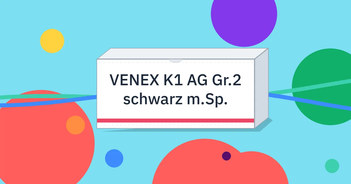 Symbolbild: Packung mit der Aufschrift VENEX K1 AG Gr.2 schwarz m.Sp. (PZN 03187909) – Verfügbarkeit und Bezug in Apotheken in Frankfurt am Main