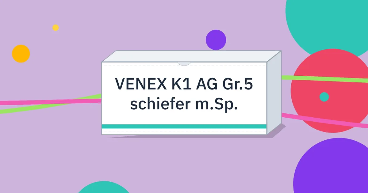 Symbolbild: Packung mit der Aufschrift VENEX K1 AG Gr.5 schiefer m.Sp. (PZN 03187677) – Verfügbarkeit und Bezug in Apotheken in Frankfurt am Main