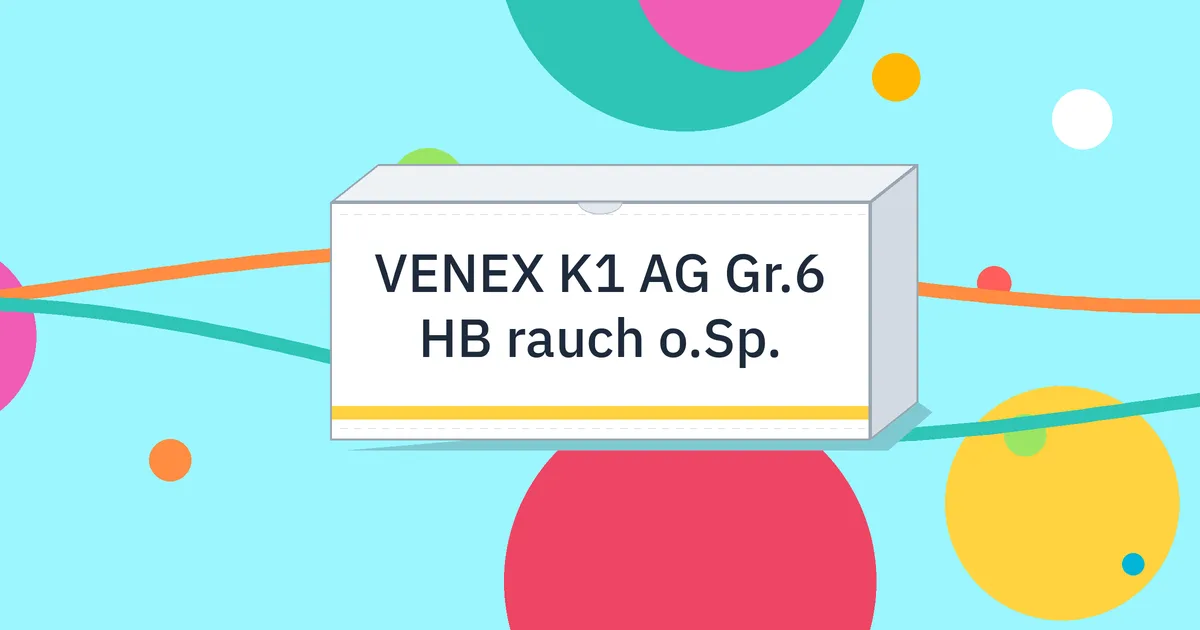 Symbolbild: Packung mit der Aufschrift VENEX K1 AG Gr.6 HB rauch o.Sp. (PZN 03192810) – Verfügbarkeit und Bezug in Apotheken in Frankfurt am Main