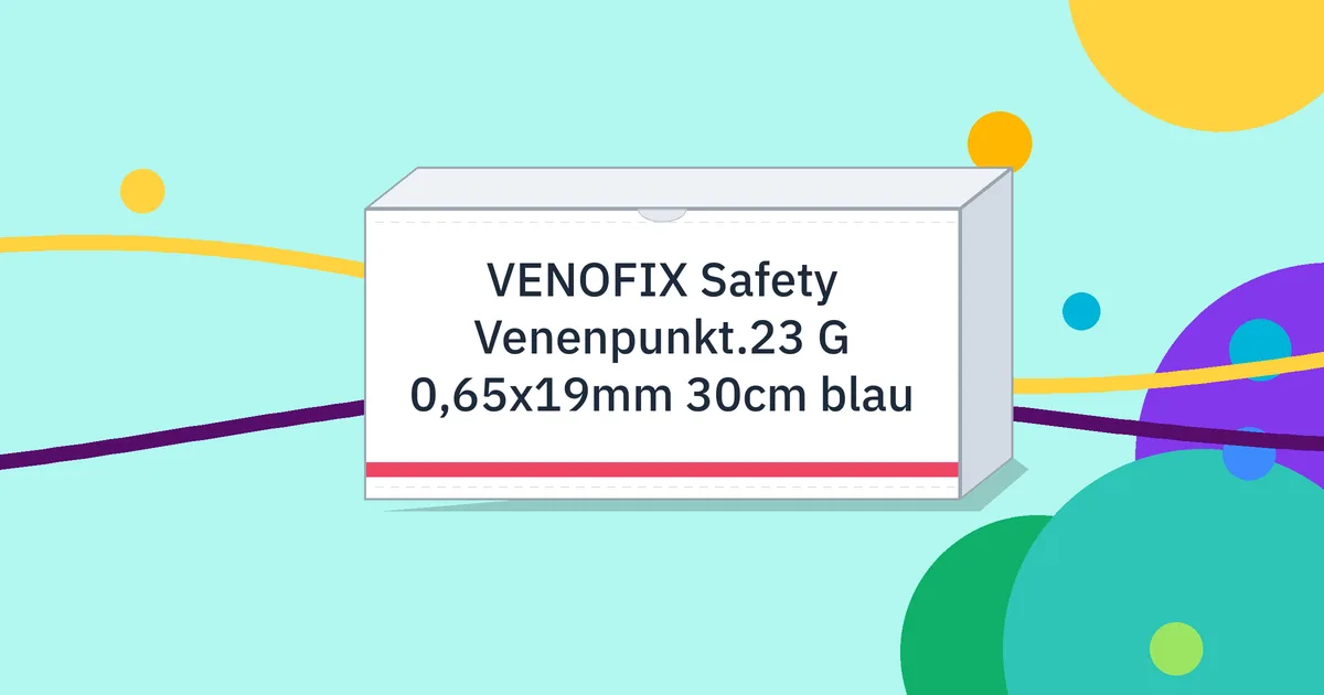 Symbolbild: Packung mit der Aufschrift VENOFIX Safety Venenpunkt.23 G 0,65x19mm 30cm blau (PZN 18843845) – Verfügbarkeit und Bezug in Apotheken in Frankfurt am Main