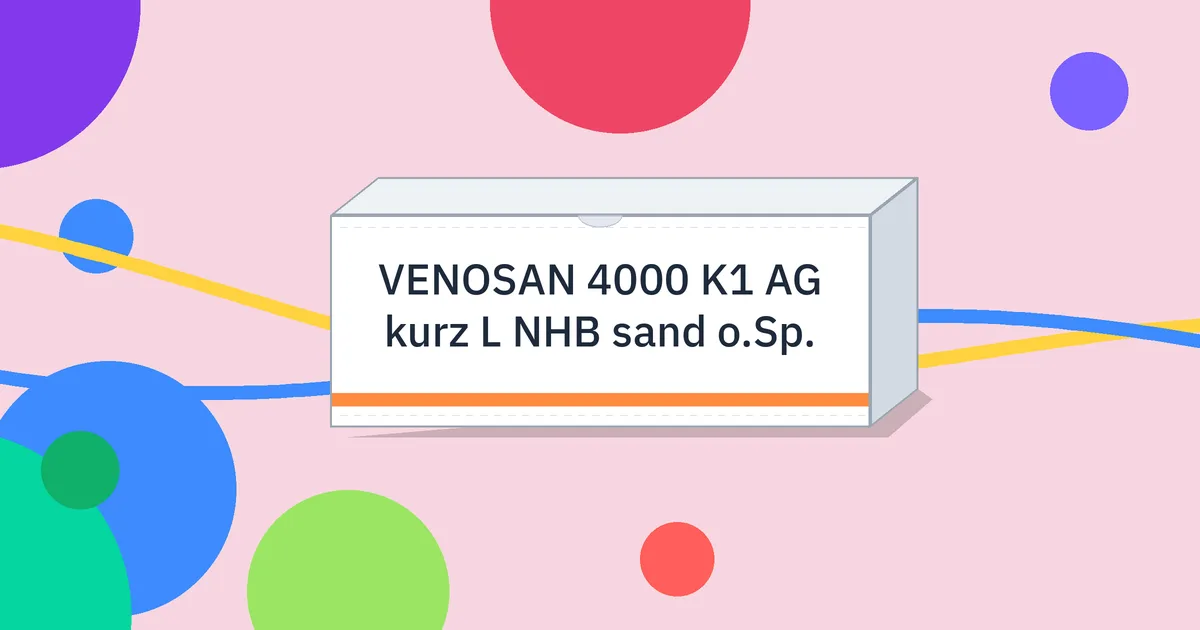 Symbolbild: Packung mit der Aufschrift VENOSAN 4000 K1 AG kurz L NHB sand o.Sp. (PZN 14422236) – Verfügbarkeit und Bezug in Apotheken in Frankfurt am Main