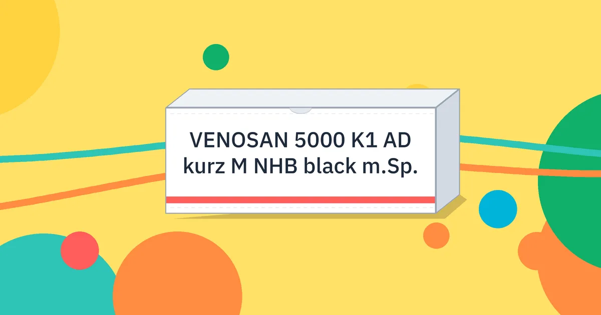 Symbolbild: Packung mit der Aufschrift VENOSAN 5000 K1 AD kurz M NHB black m.Sp. (PZN 14432720) – Verfügbarkeit und Bezug in Apotheken in Frankfurt am Main