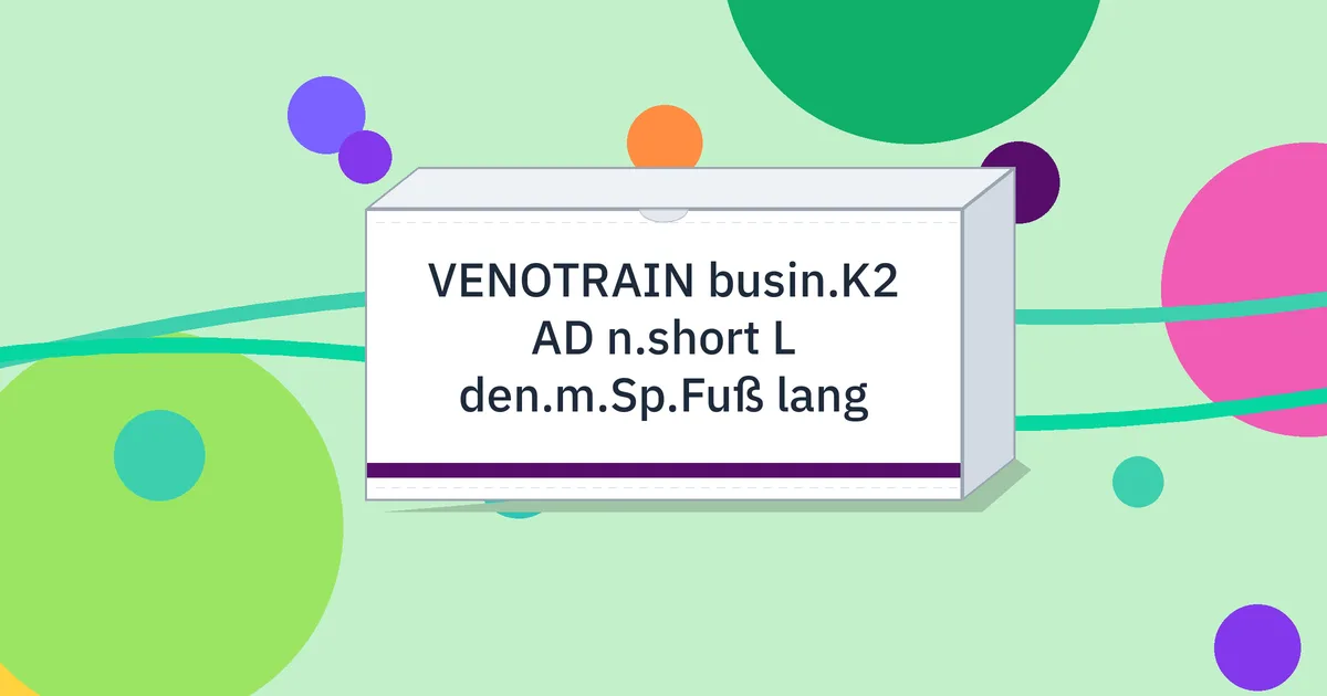 Symbolbild: Packung mit der Aufschrift VENOTRAIN busin.K2 AD n.short L den.m.Sp.Fuß lang (PZN 19056954) – Verfügbarkeit und Bezug in Apotheken in Frankfurt am Main