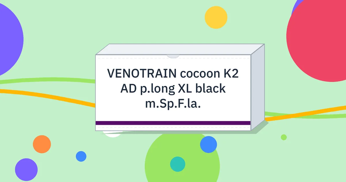 Symbolbild: Packung mit der Aufschrift VENOTRAIN cocoon K2 AD p.long XL black m.Sp.F.la. (PZN 14402038) – Verfügbarkeit und Bezug in Apotheken in Frankfurt am Main