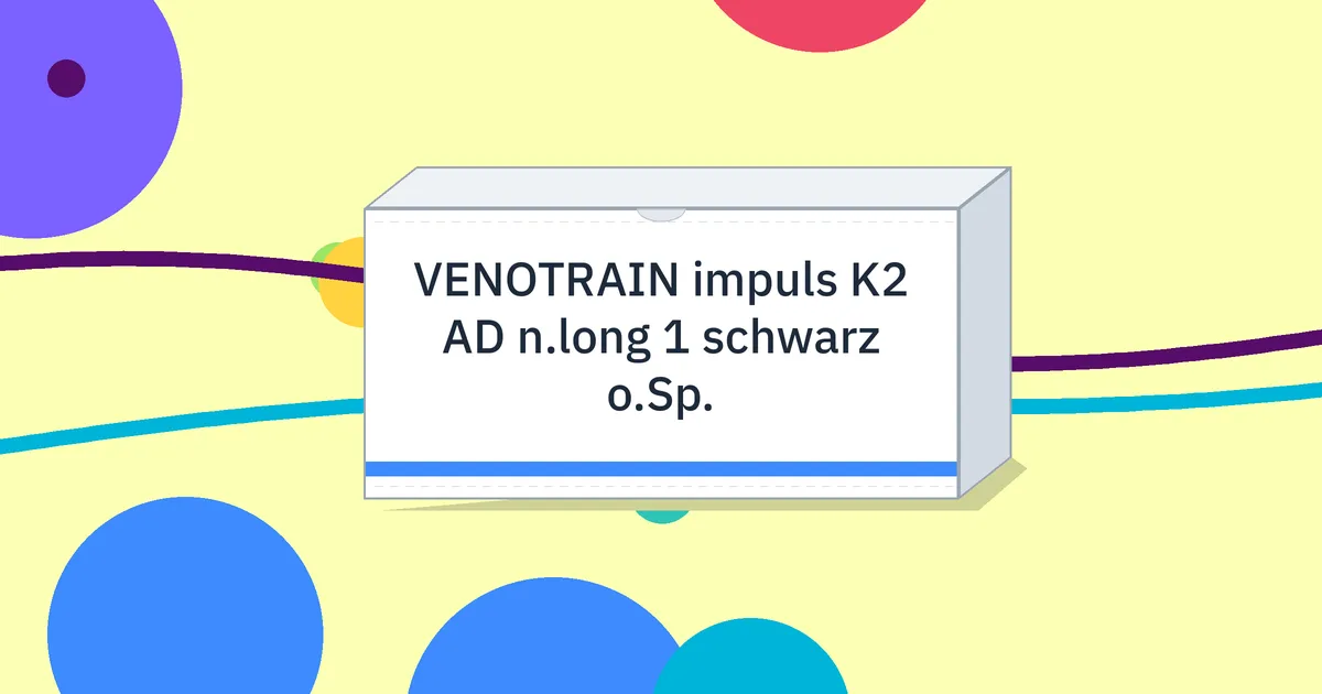 Symbolbild: Packung mit der Aufschrift VENOTRAIN impuls K2 AD n.long 1 schwarz o.Sp. (PZN 00627549) – Verfügbarkeit und Bezug in Apotheken in Frankfurt am Main