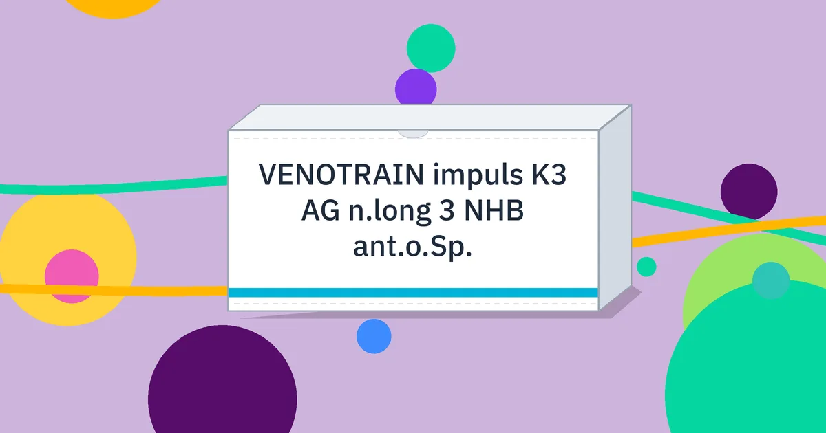 Symbolbild: Packung mit der Aufschrift VENOTRAIN impuls K3 AG n.long 3 NHB ant.o.Sp. (PZN 15216177) – Verfügbarkeit und Bezug in Apotheken in Frankfurt am Main