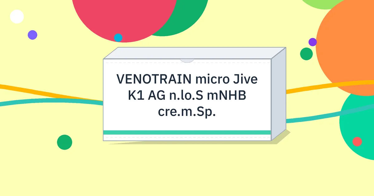 Symbolbild: Packung mit der Aufschrift VENOTRAIN micro Jive K1 AG n.lo.S mNHB cre.m.Sp. (PZN 17757871) – Verfügbarkeit und Bezug in Apotheken in Frankfurt am Main