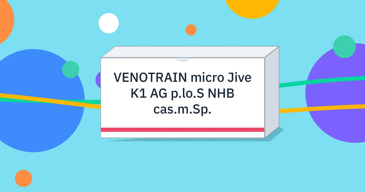 Symbolbild: Packung mit der Aufschrift VENOTRAIN micro Jive K1 AG p.lo.S NHB cas.m.Sp. (PZN 20767548) – Verfügbarkeit und Bezug in Apotheken in Frankfurt am Main