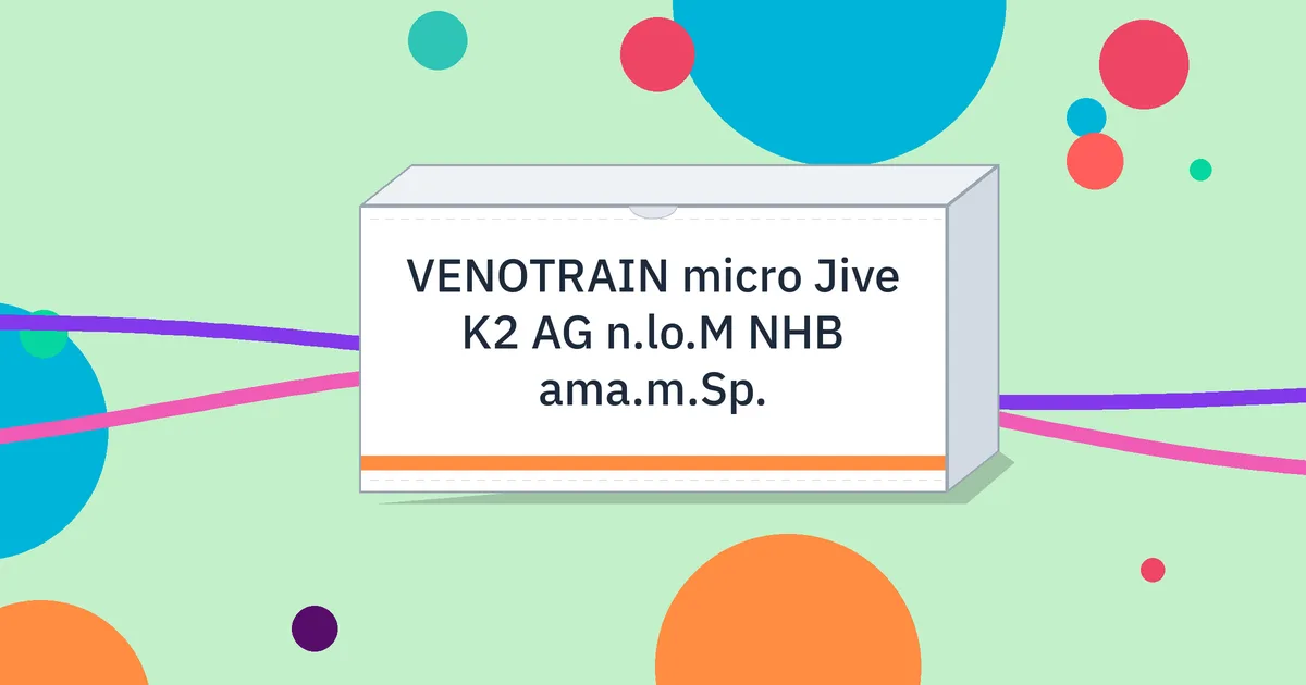 Symbolbild: Packung mit der Aufschrift VENOTRAIN micro Jive K2 AG n.lo.M NHB ama.m.Sp. (PZN 17765155) – Verfügbarkeit und Bezug in Apotheken in Frankfurt am Main