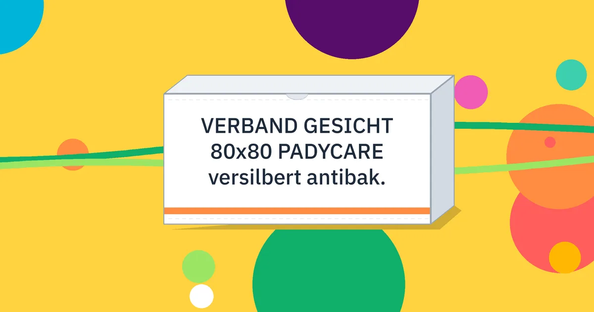 Symbolbild: Packung mit der Aufschrift VERBAND GESICHT 80x80 PADYCARE versilbert antibak. (PZN 10940431) – Verfügbarkeit und Bezug in Apotheken in Frankfurt am Main