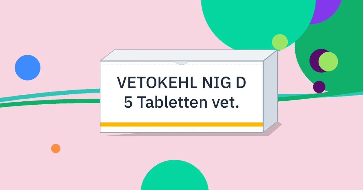 Symbolbild: Packung mit der Aufschrift VETOKEHL NIG D 5 Tabletten vet. (PZN 04599583) – Verfügbarkeit und Bezug in Apotheken in Frankfurt am Main