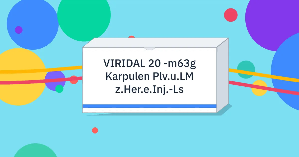 Symbolbild: Packung mit der Aufschrift VIRIDAL 20 -m63g Karpulen Plv.u.LM z.Her.e.Inj.-Ls (PZN 08668921) – Verfügbarkeit und Bezug in Apotheken in Frankfurt am Main