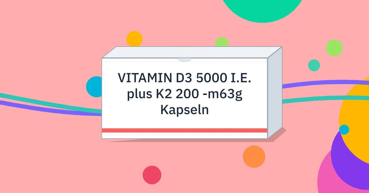 Symbolbild: Packung mit der Aufschrift VITAMIN D3 5000 I.E. plus K2 200 -m63g Kapseln (PZN 18053451) – Verfügbarkeit und Bezug in Apotheken in Frankfurt am Main