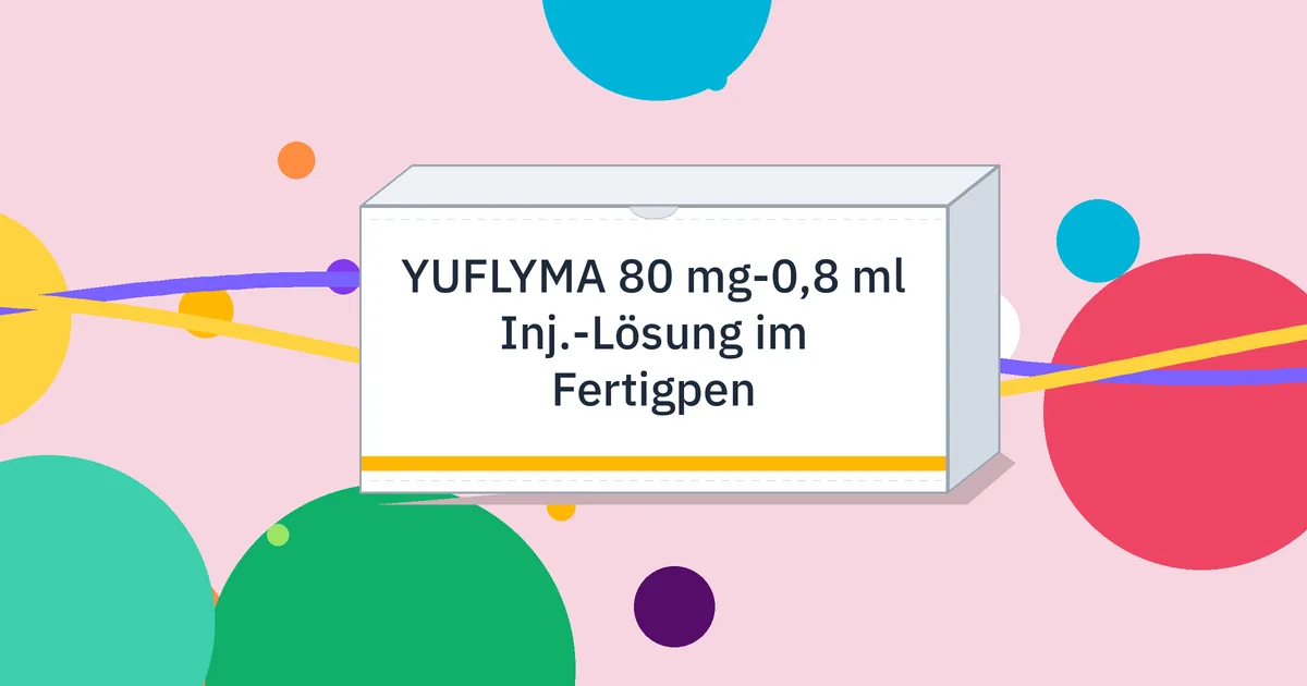 Symbolbild: Packung mit der Aufschrift YUFLYMA 80 mg-0,8 ml Inj.-Lösung im Fertigpen (PZN 16847678) – Verfügbarkeit und Bezug in Apotheken in Frankfurt am Main