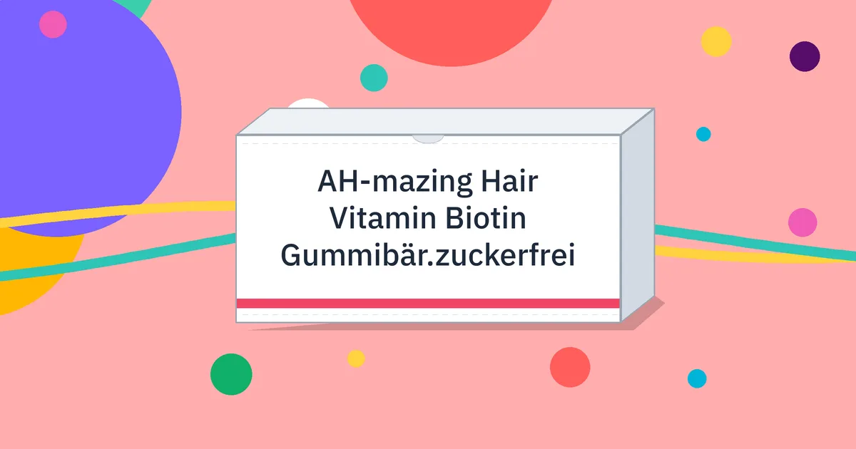 Symbolbild: Packung mit der Aufschrift AH-mazing Hair Vitamin Biotin Gummibär.zuckerfrei (PZN 17199336) – Verfügbarkeit und Bezug in Apotheken in Frankfurt am Main