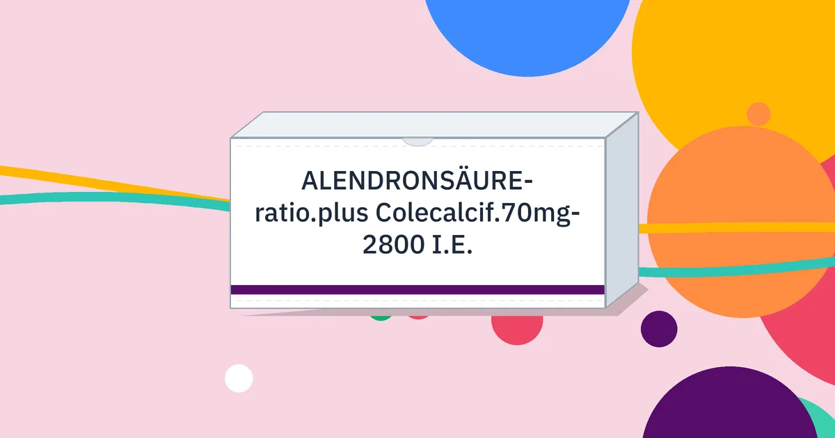 Symbolbild: Packung mit der Aufschrift ALENDRONSÄURE-ratio.plus Colecalcif.70mg-2800 I.E. (PZN 10250643) – Verfügbarkeit und Bezug in Apotheken in Frankfurt am Main