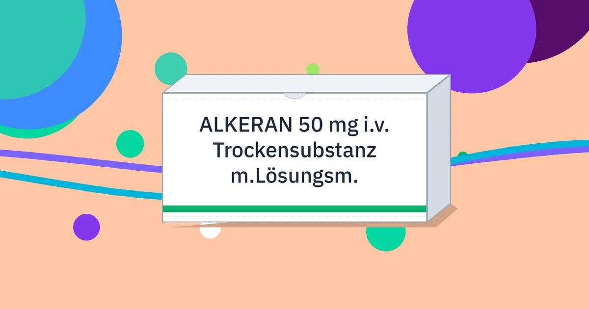 Symbolbild: Packung mit der Aufschrift ALKERAN 50 mg i.v. Trockensubstanz m.Lösungsm. (PZN 04529192) – Verfügbarkeit und Bezug in Apotheken in Frankfurt am Main