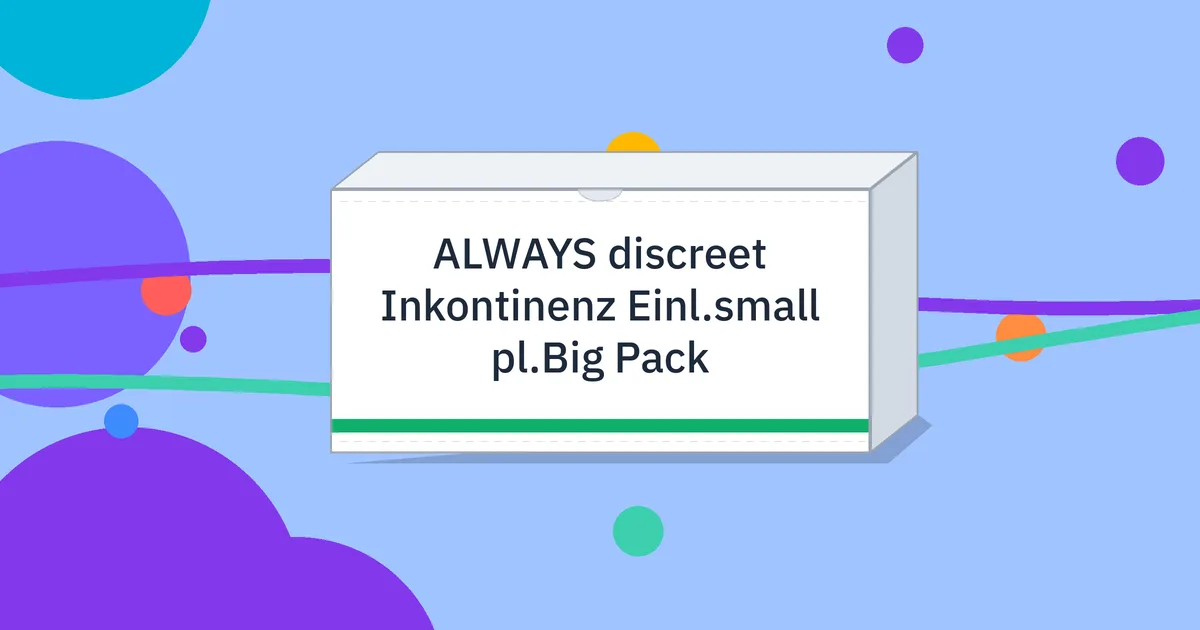 Symbolbild: Packung mit der Aufschrift ALWAYS discreet Inkontinenz Einl.small pl.Big Pack (PZN 18599457) – Verfügbarkeit und Bezug in Apotheken in Frankfurt am Main