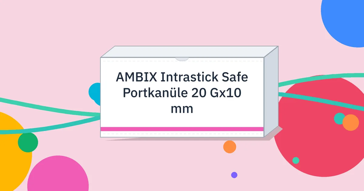 Symbolbild: Packung mit der Aufschrift AMBIX Intrastick Safe Portkanüle 20 Gx10 mm (PZN 14286715) – Verfügbarkeit und Bezug in Apotheken in Frankfurt am Main