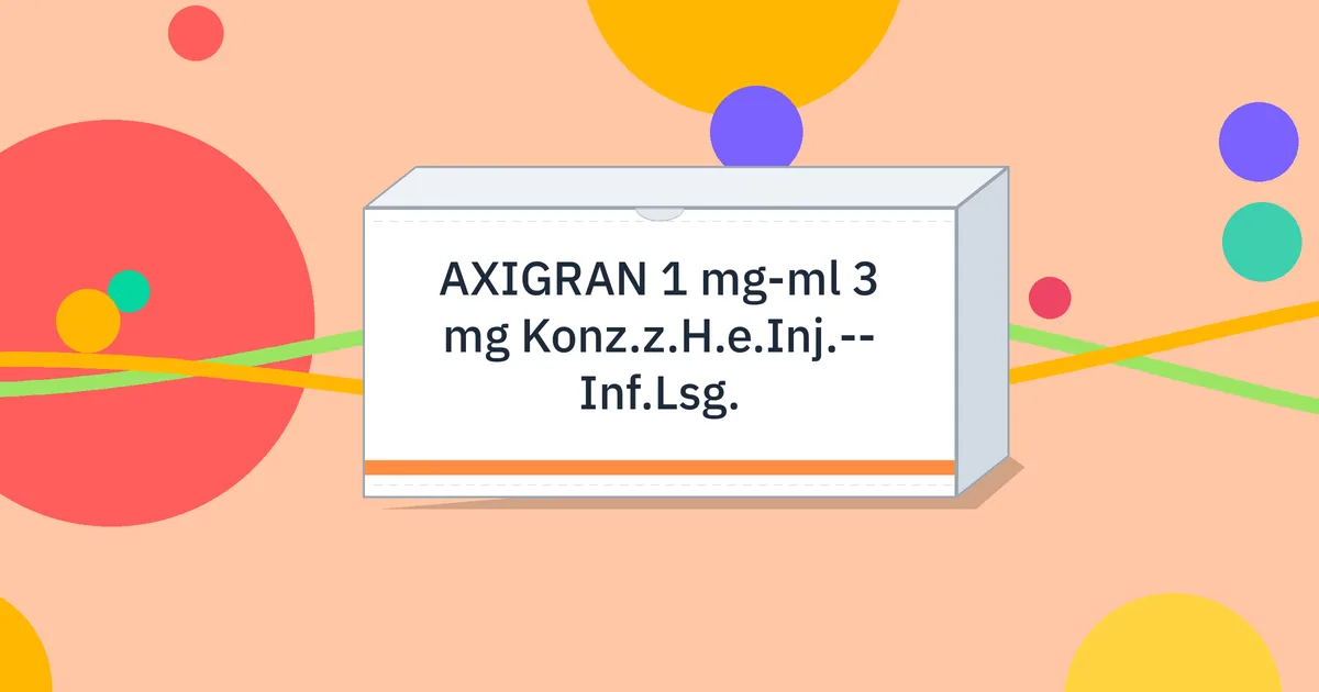 Symbolbild: Packung mit der Aufschrift AXIGRAN 1 mg-ml 3 mg Konz.z.H.e.Inj.--Inf.Lsg. (PZN 05039840) – Verfügbarkeit und Bezug in Apotheken in Frankfurt am Main
