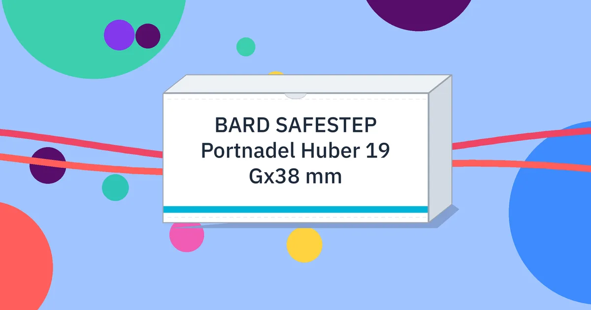 Symbolbild: Packung mit der Aufschrift BARD SAFESTEP Portnadel Huber 19 Gx38 mm (PZN 17296312) – Verfügbarkeit und Bezug in Apotheken in Frankfurt am Main