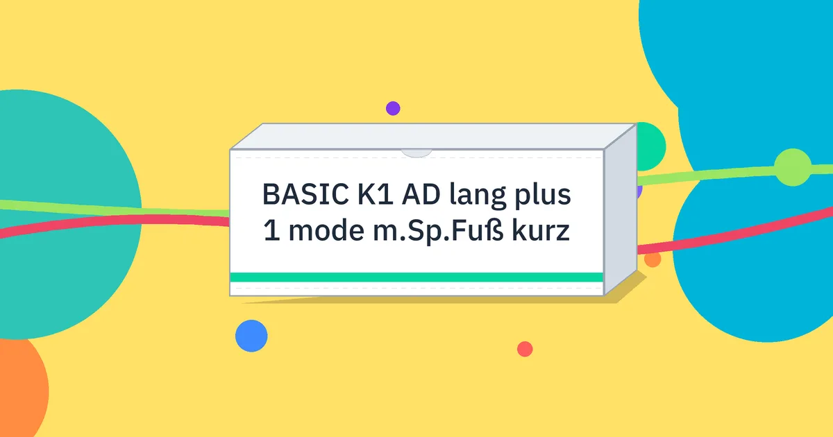 Symbolbild: Packung mit der Aufschrift BASIC K1 AD lang plus 1 mode m.Sp.Fuß kurz (PZN 20257215) – Verfügbarkeit und Bezug in Apotheken in Frankfurt am Main