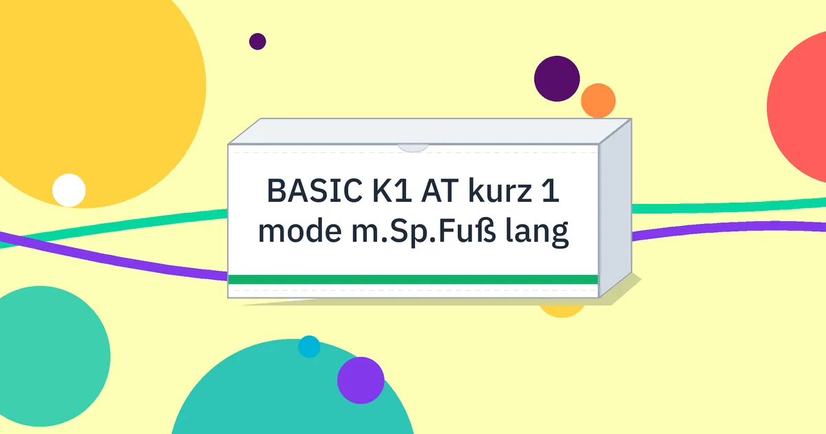 Symbolbild: Packung mit der Aufschrift BASIC K1 AT kurz 1 mode m.Sp.Fuß lang (PZN 20262268) – Verfügbarkeit und Bezug in Apotheken in Frankfurt am Main